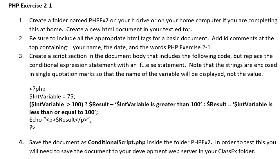 Solved PHP Exercise 2-1 1. Create a folder named PHPEx2 on | Chegg.com