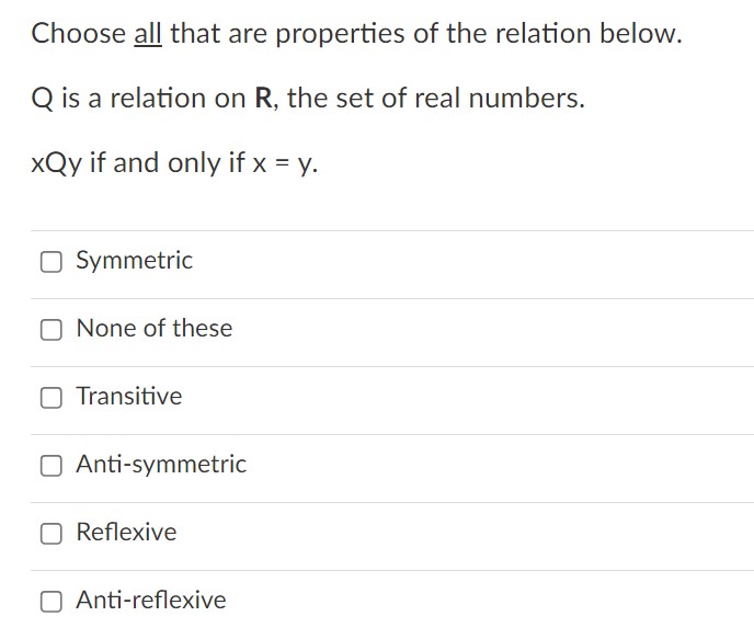Solved Choose all that are properties of the relation below. | Chegg.com