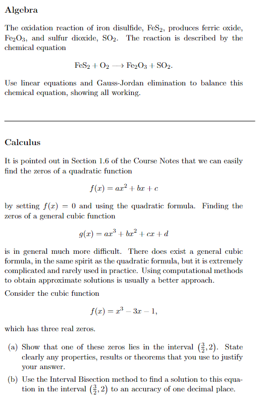 Solved Algebra The oxidation reaction of iron disulfide, \\( | Chegg.com