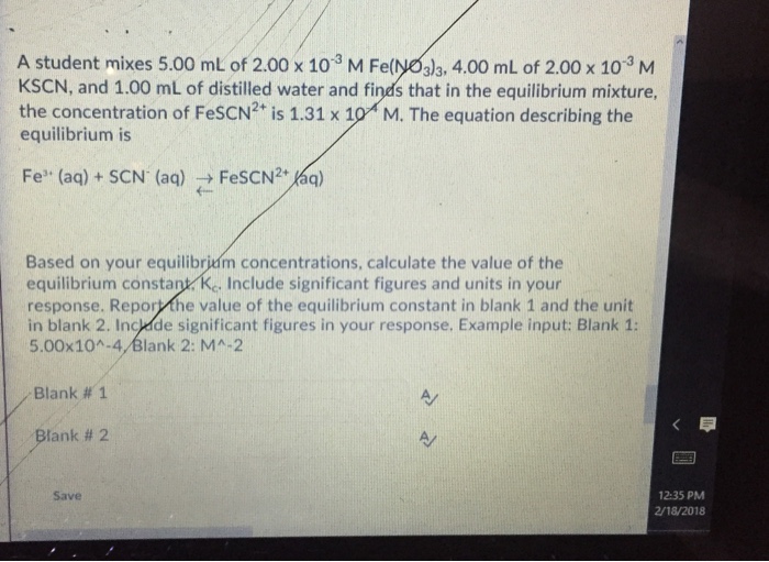 Solved A student mixes 5.00 mL of 2.00 x 103 M Fe(NO3)3 4.00 | Chegg.com