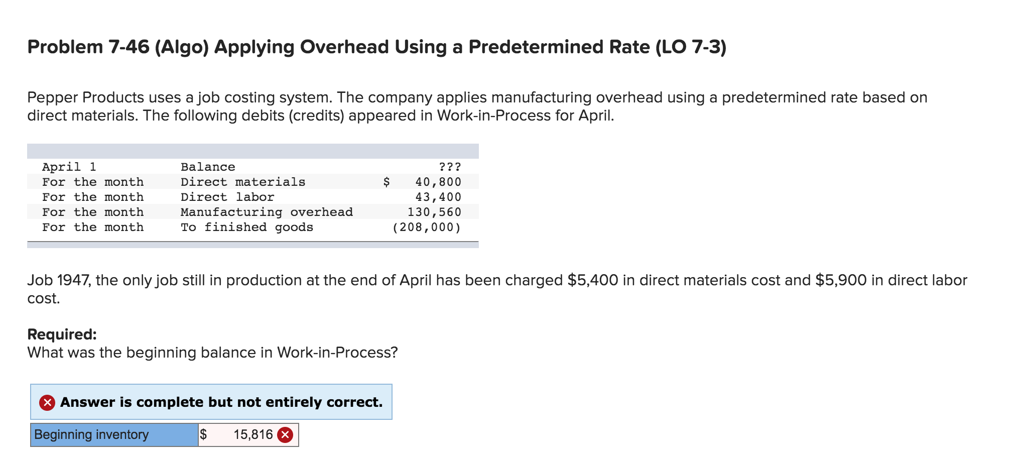 Solved Problem 7-46 (Algo) Applying Overhead Using a | Chegg.com