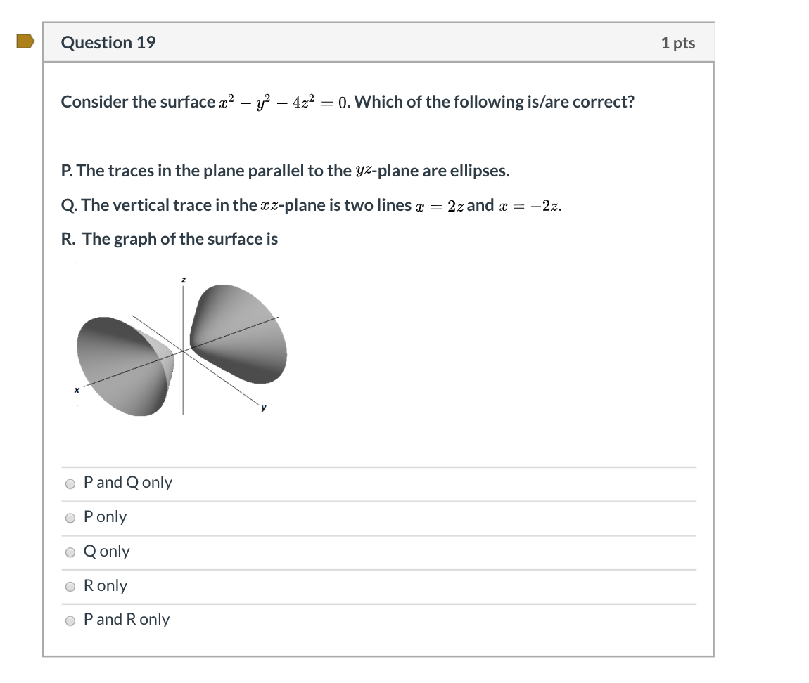 Solved Question 19 1 pts Consider the surface x2 - y2 – 4z2 | Chegg.com