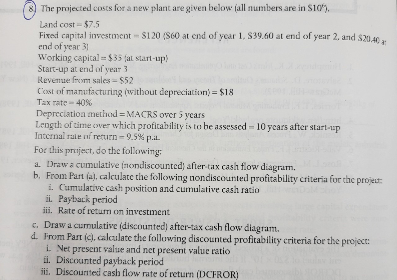 Solved 8. The projected costs for a new plant are given | Chegg.com