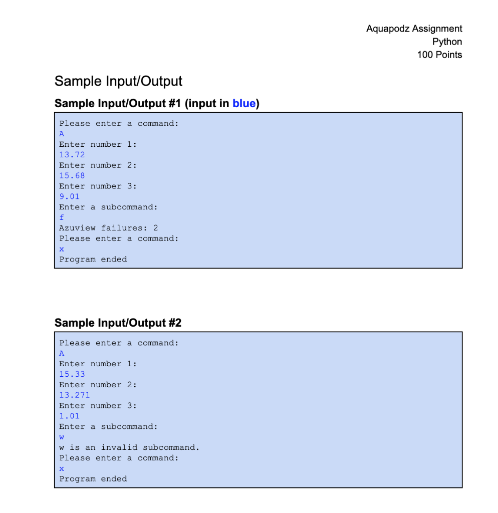 Solved Aquapodz Assignment Python 100 Points Requirements | Chegg.com