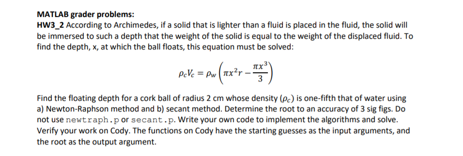 MATLAB grader problems: HW3_2 According to | Chegg.com