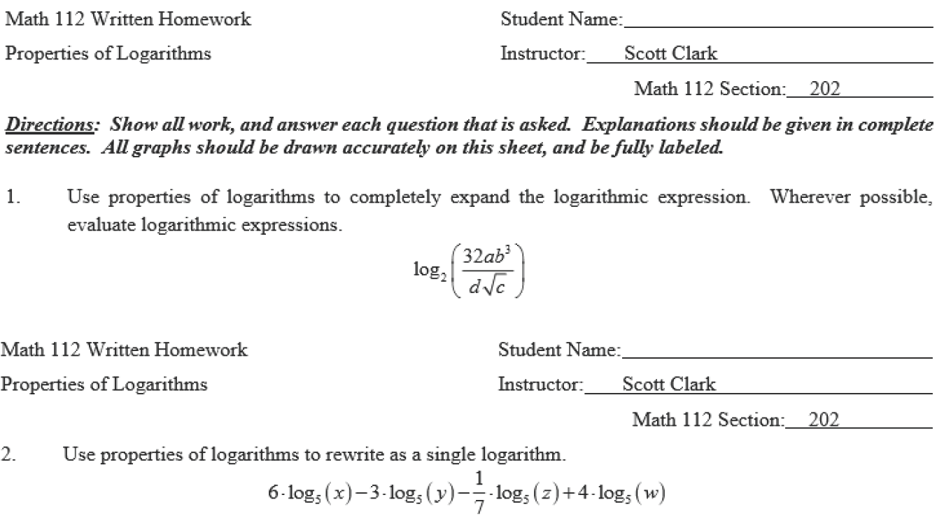 Solved Math 112 Written Homework Student Name: Properties of | Chegg.com