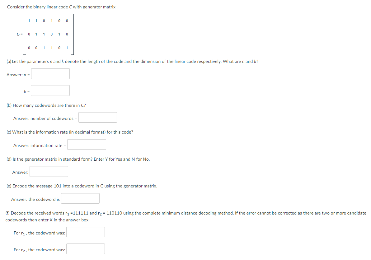Consider the binary linear code C with generator | Chegg.com