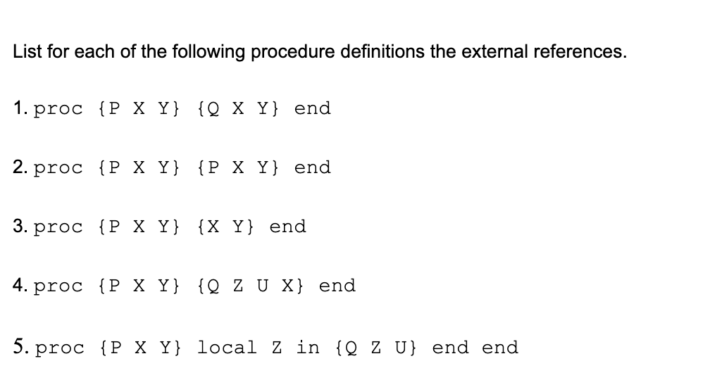 List for each of the following procedure definitions | Chegg.com