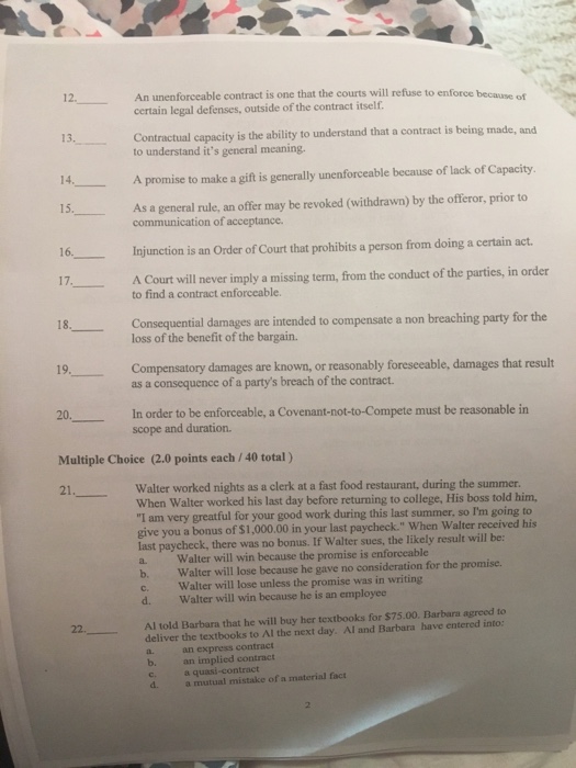 Solved 12An Unenforceable Contract Is One That The Courts Chegg