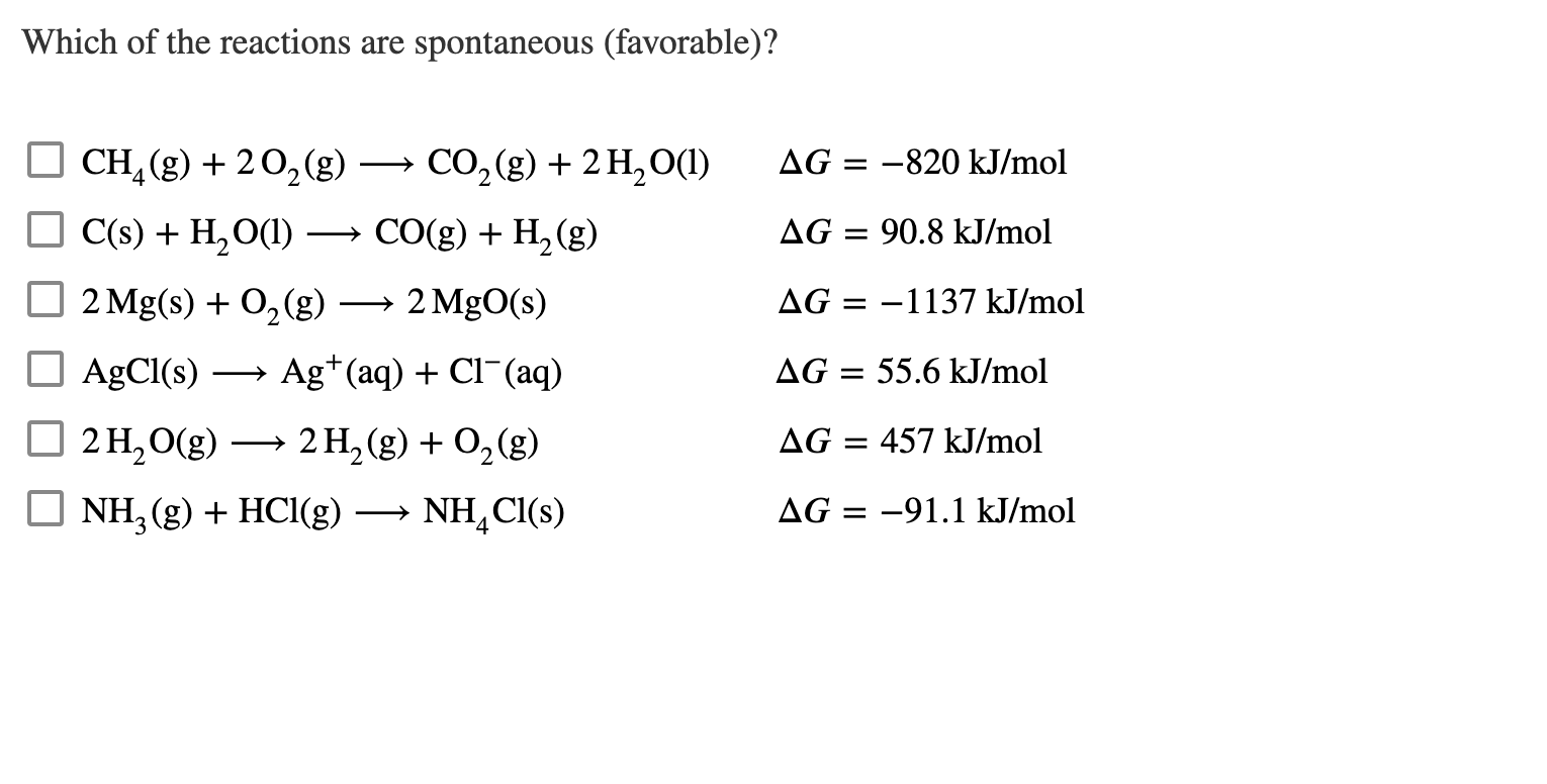 Solved Which of the reactions are spontaneous (favorable)? | Chegg.com