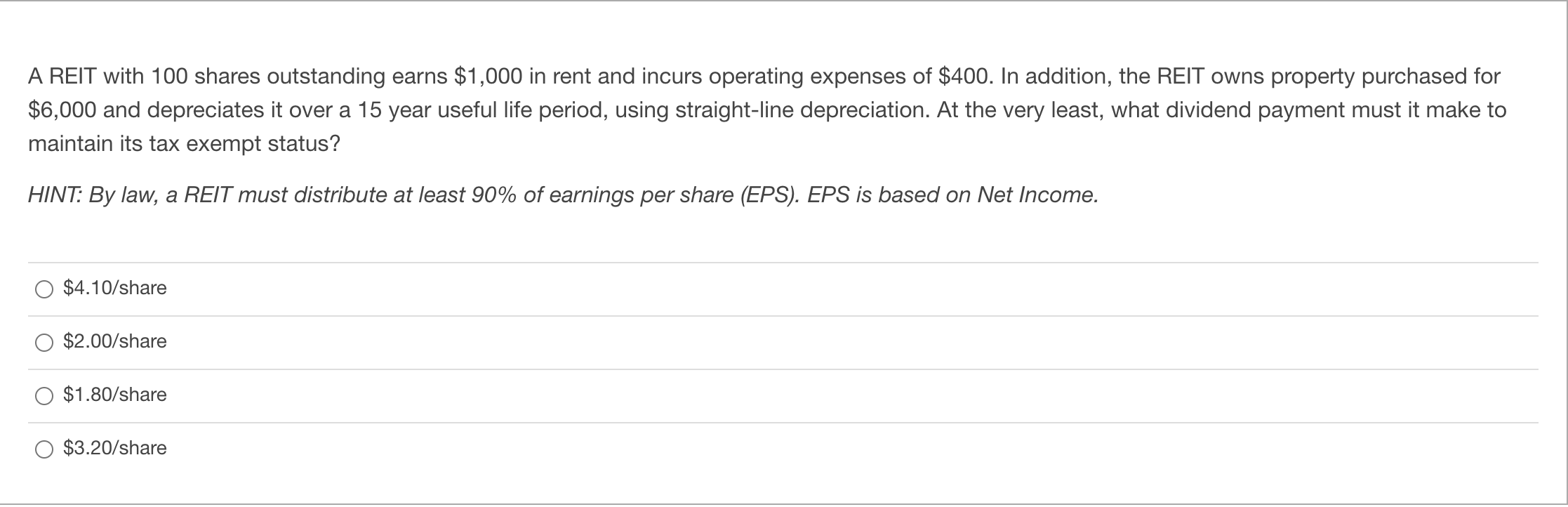 Solved A REIT with 100 shares outstanding earns $1,000 in | Chegg.com