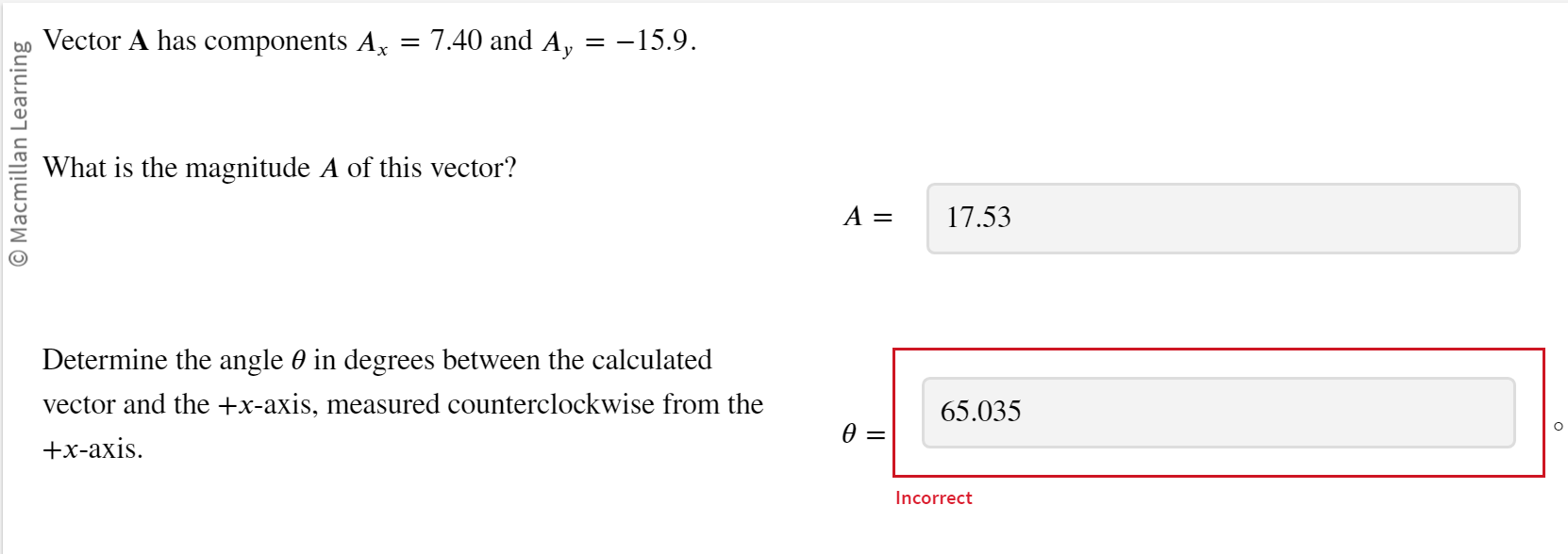 Solved Vector A has components Ax=7.40 and Ay=−15.9. What is | Chegg.com