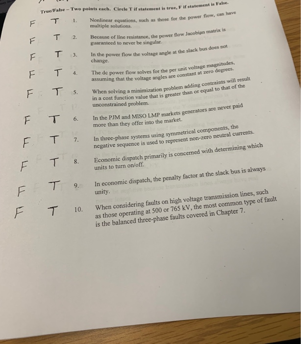 Solved True/False Two points each. Cirele T F T i Nonlinear | Chegg.com