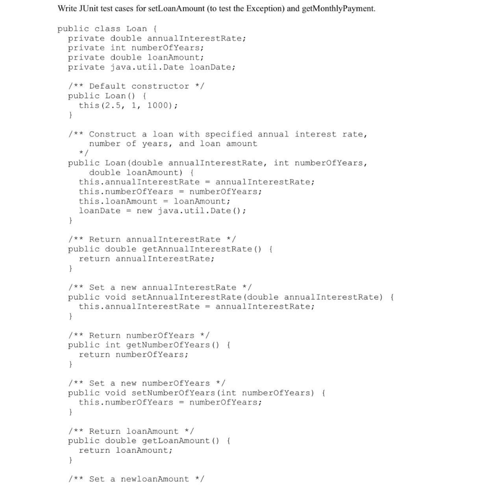 Write JUnit test cases for setLoanAmount (to test the | Chegg.com