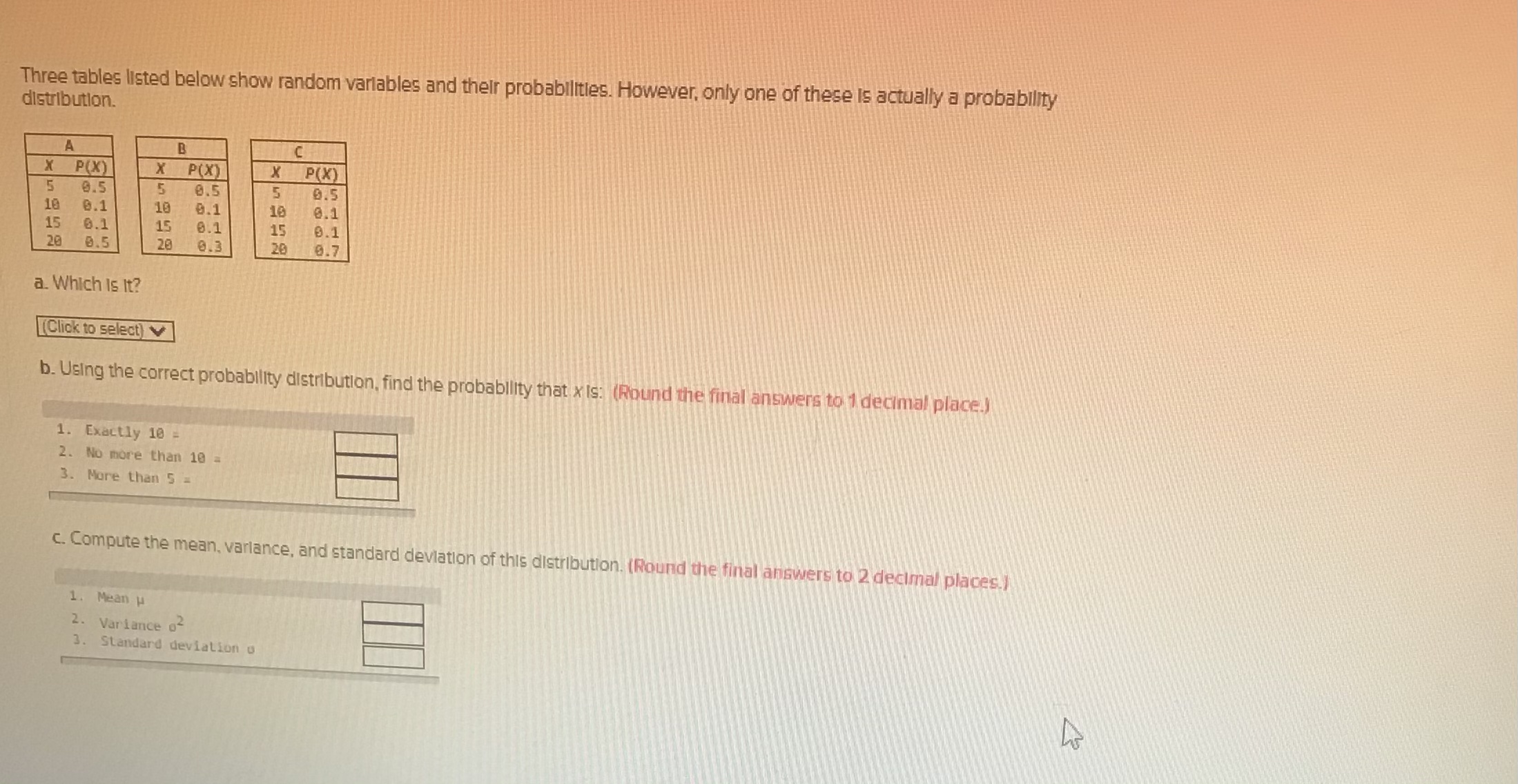Solved Three tables listed below show random variables and | Chegg.com