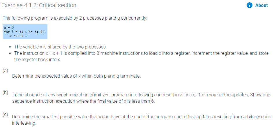 Solved Exercise 4.1.2: Critical section. 0 About The | Chegg.com