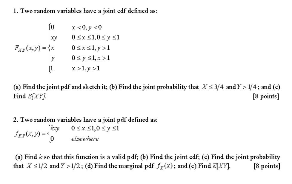 Solved 1 Two Random Variables Have A Joint Cdf Defined As 
