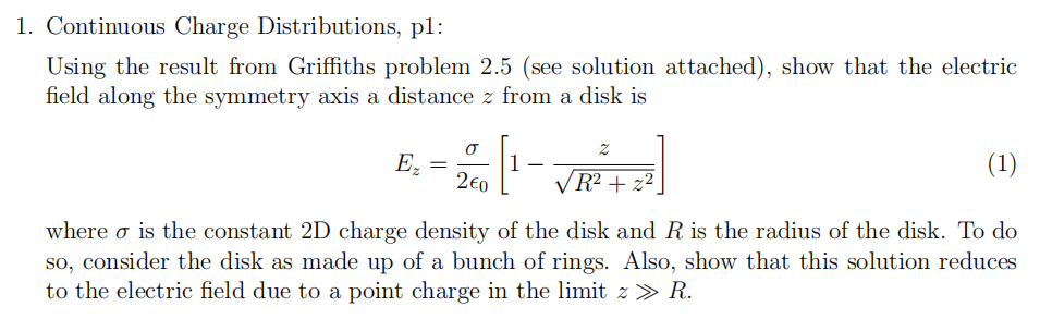 Solved 1. Continuous Charge Distributions, pl: Using the | Chegg.com