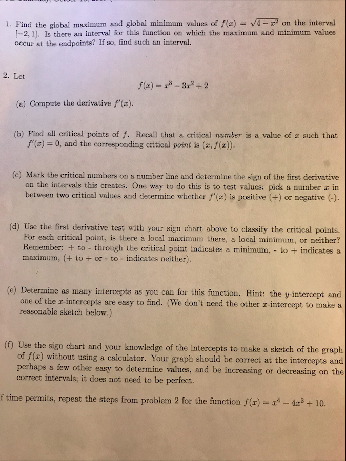 Solved 1. Find the global maximum and global minimum values | Chegg.com