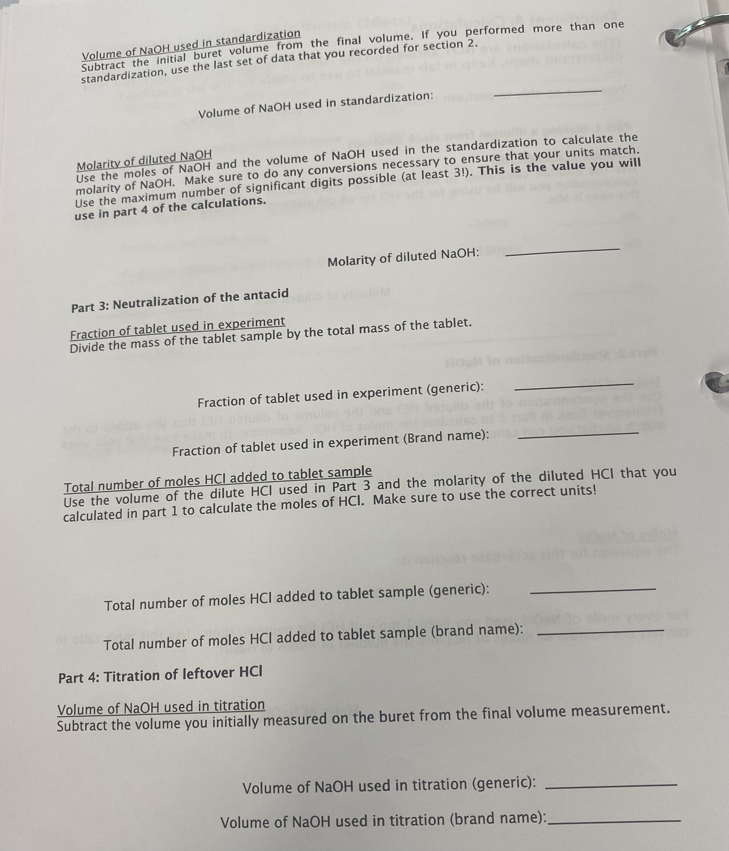 Solved Moles of NaOH used in titration Use the volume of | Chegg.com