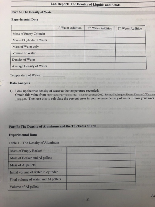 Lab Report: The Density of Liquids and Solids Part A: | Chegg.com
