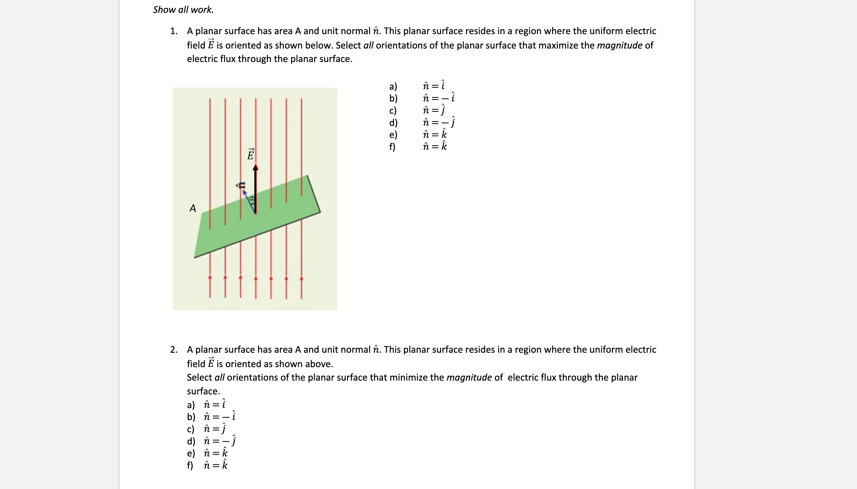 Solved 1. A planar surface has area A and unit normal n^. | Chegg.com