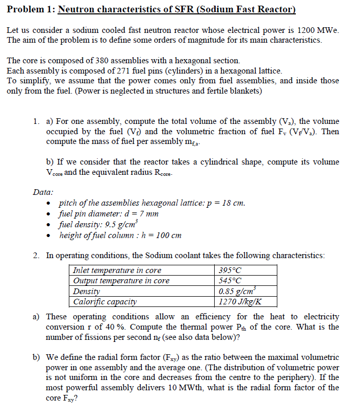 Problem 1: Neutron characteristics of SFR (Sodium | Chegg.com