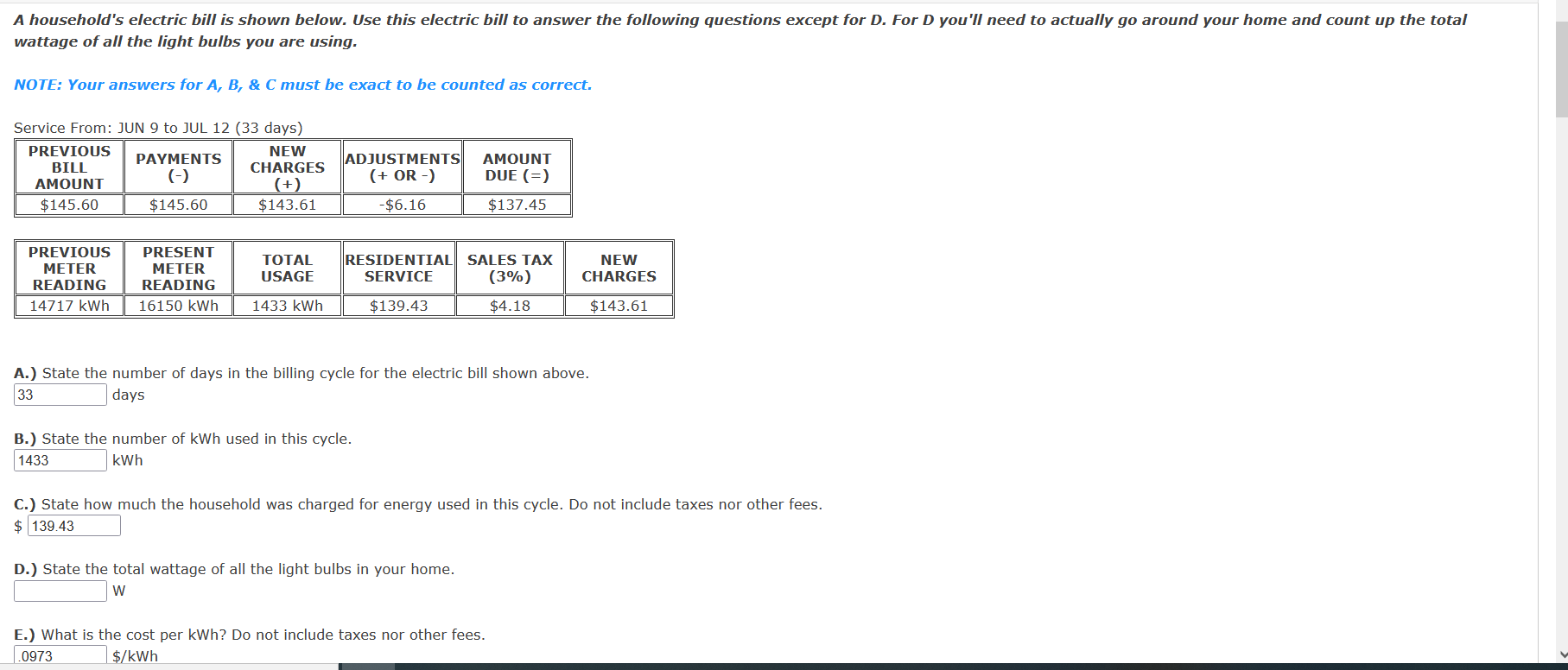 Solved A household's electric bill is shown below. Use this | Chegg.com