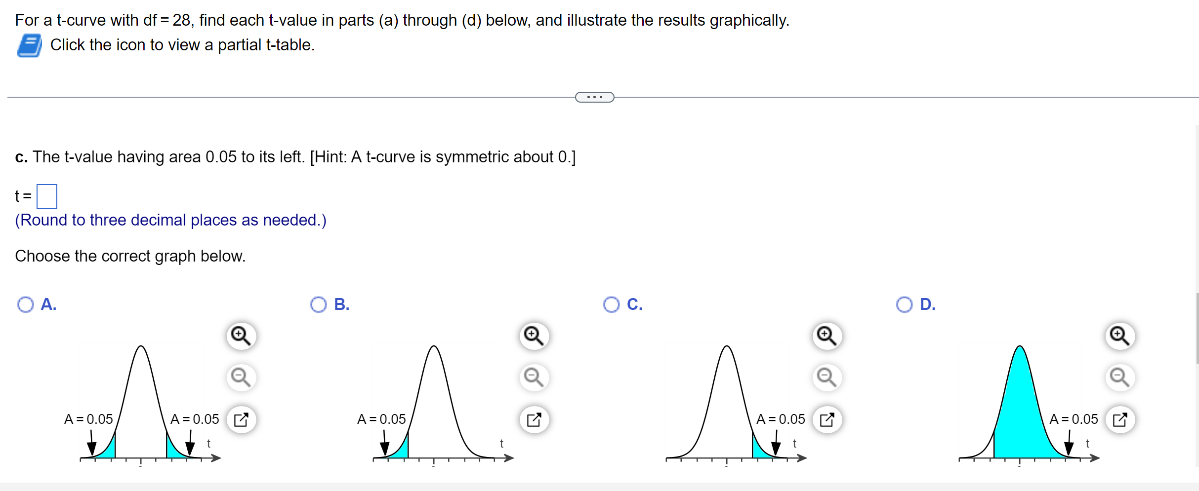 Solved = For a t-curve with df = 28, find each t-value in | Chegg.com