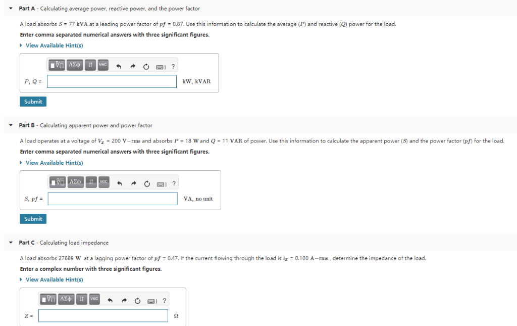 Solved Part A-Calculating average power, reactive power, and | Chegg.com