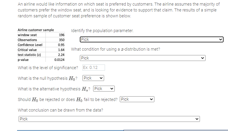 Solved An airline would like information on which seat is | Chegg.com