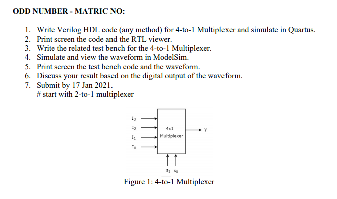 Solved ODD NUMBER - MATRIC NO: 1. Write Verilog HDL code | Chegg.com Solved ODD NUMBER - MATRIC NO: 1. Write Verilog HDL code | Chegg.com