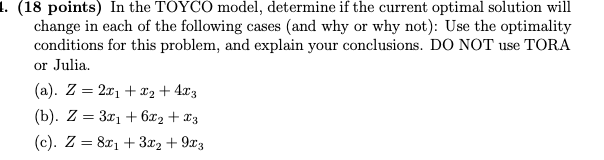Solved (18 points) In the TOYCO model, determine if the | Chegg.com