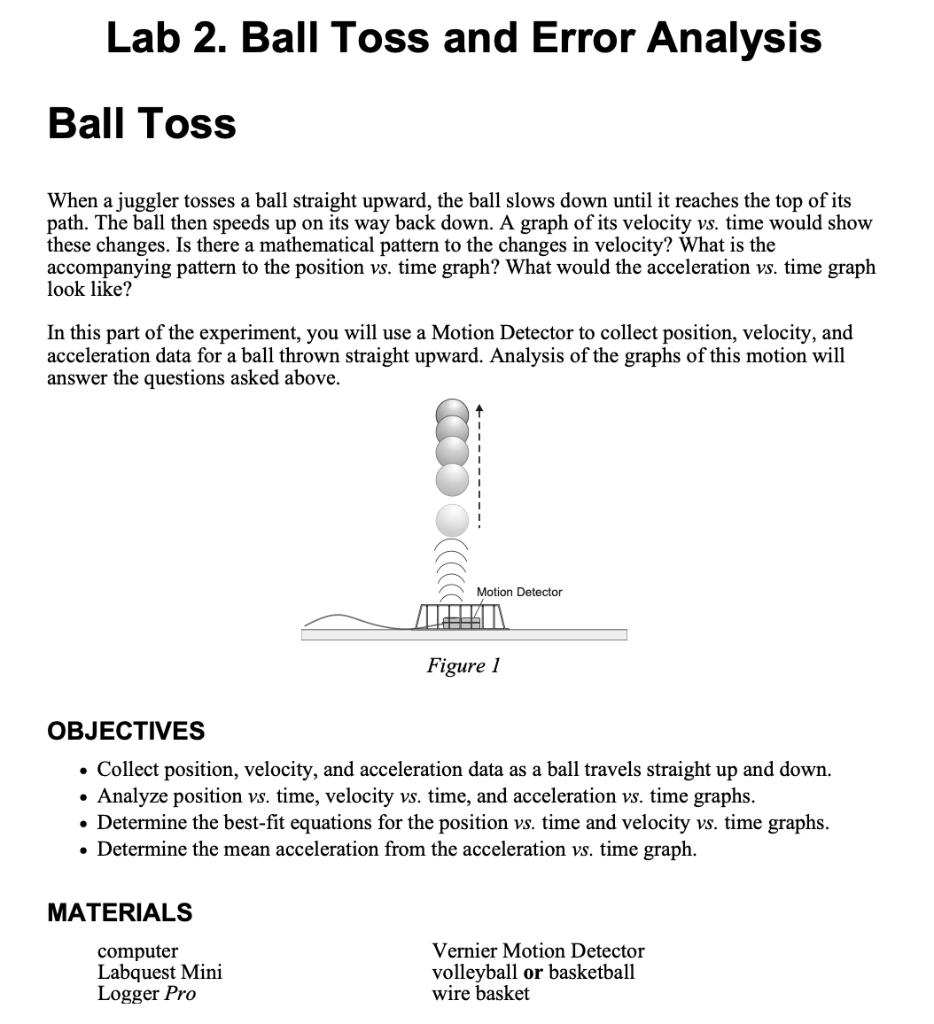 Lab 2. Ball Toss and Error Analysis Ball Toss When a | Chegg.com
