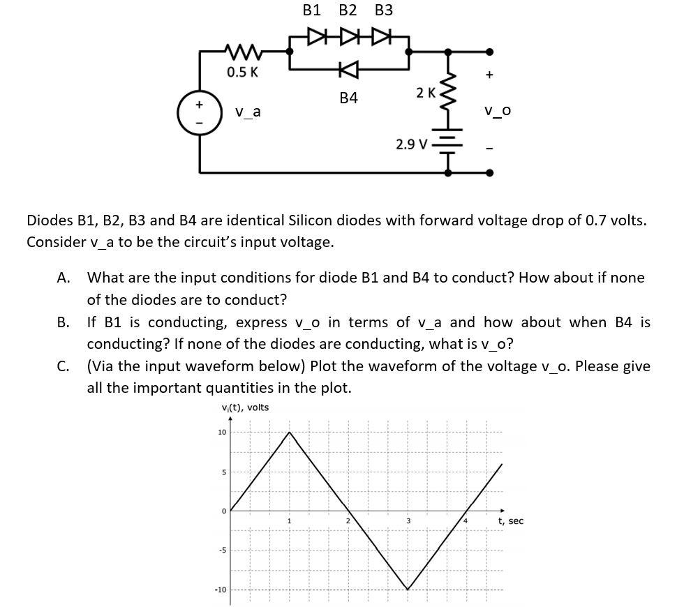 Solved B1 B2 B3 XV 0.5 K + B4 2 K V_a V_O 2.9 V Diodes B1, | Chegg.com