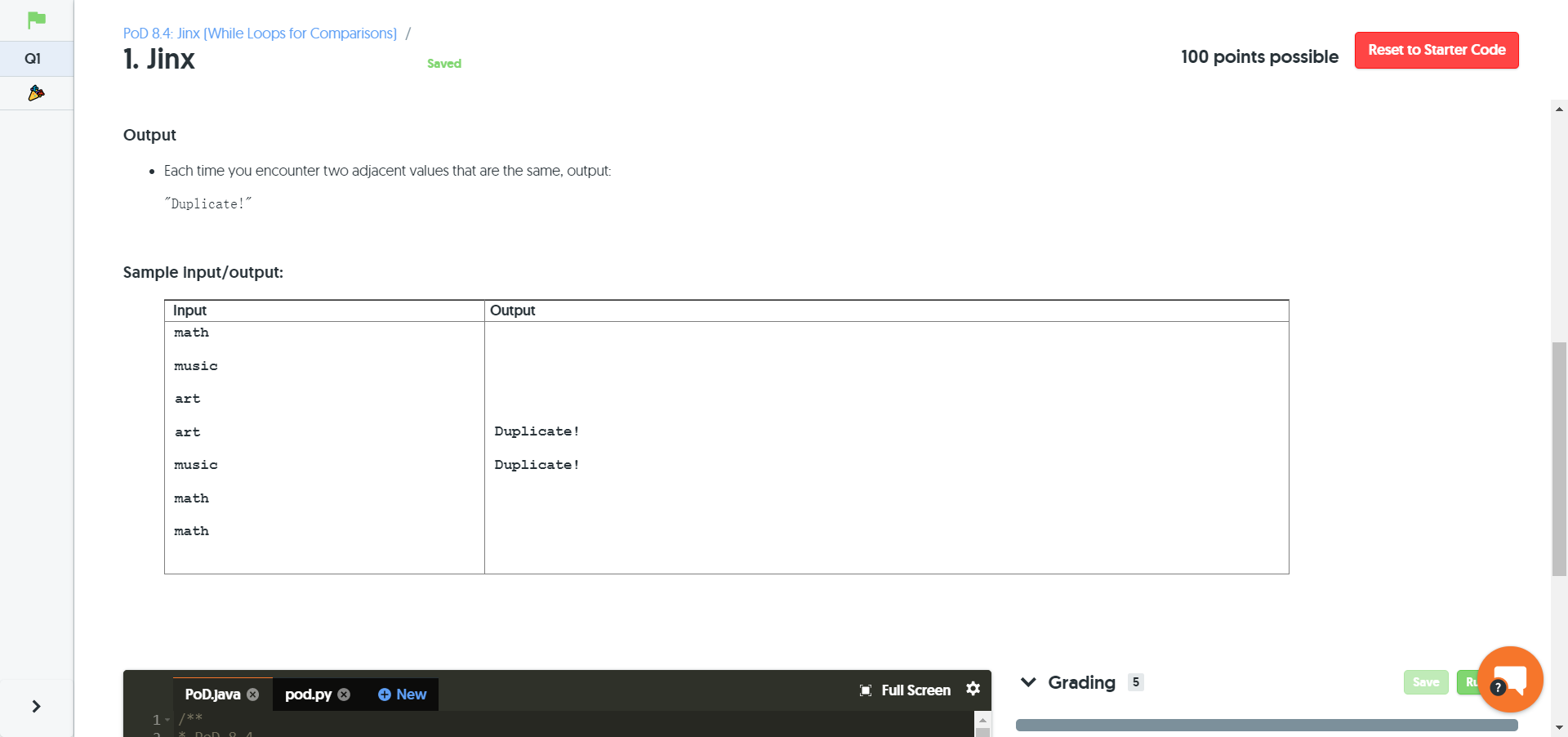 Solved POD 8.4: Jinx (While Loops for Comparisons) / 1. Jinx | Chegg.com