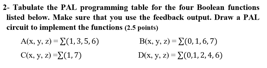 Solved 2- Tabulate the PAL programming table for the four | Chegg.com