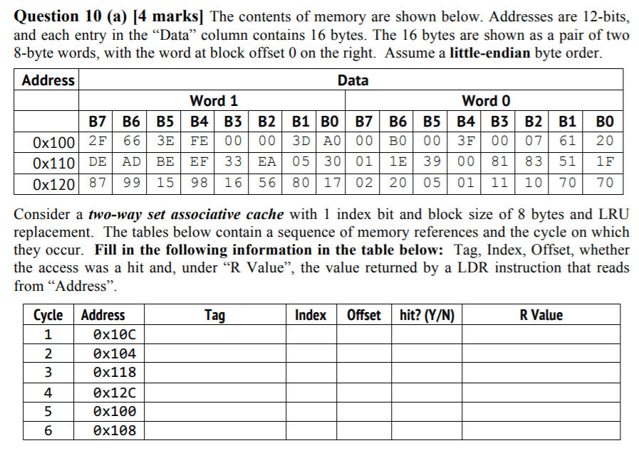 Solved Question 10 (a) [4 marks] The contents of memory are | Chegg.com
