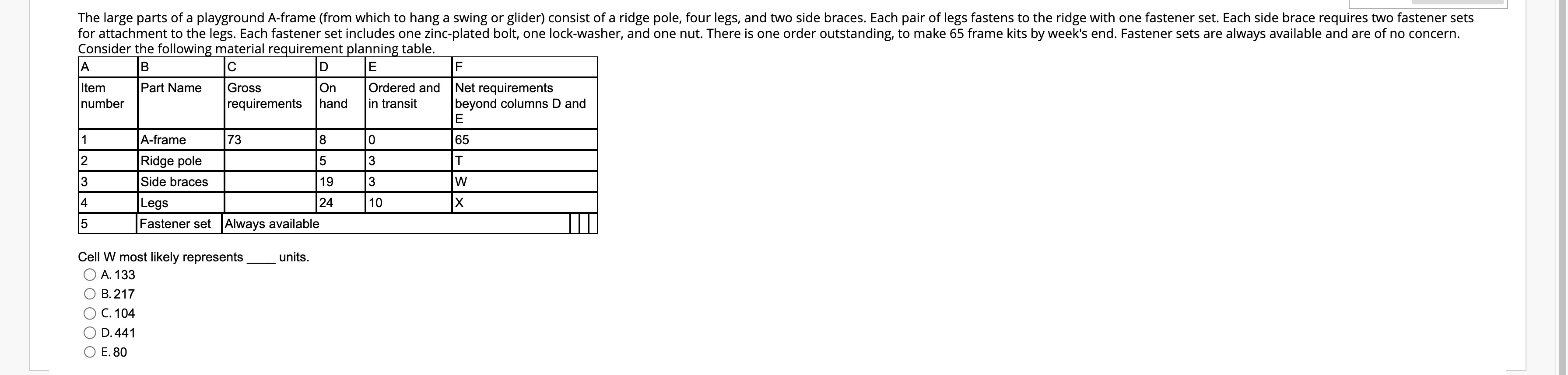 Solved Cell W most likely represents units. A. 133 B. 217 C. | Chegg.com