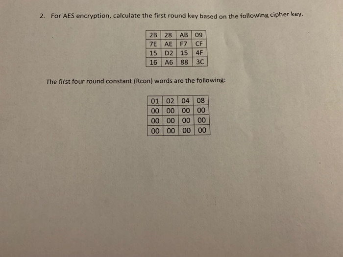 Solved 2. For AES encryption, calculate the first round key | Chegg.com