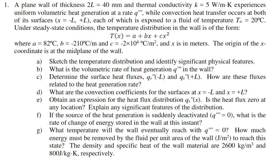 Solved I. A plane wall of thickness 2L 40 mm and thermal | Chegg.com