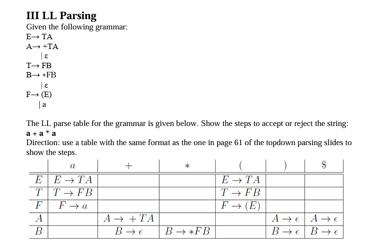 Solved III LL Parsing Given the following grammar: | Chegg.com