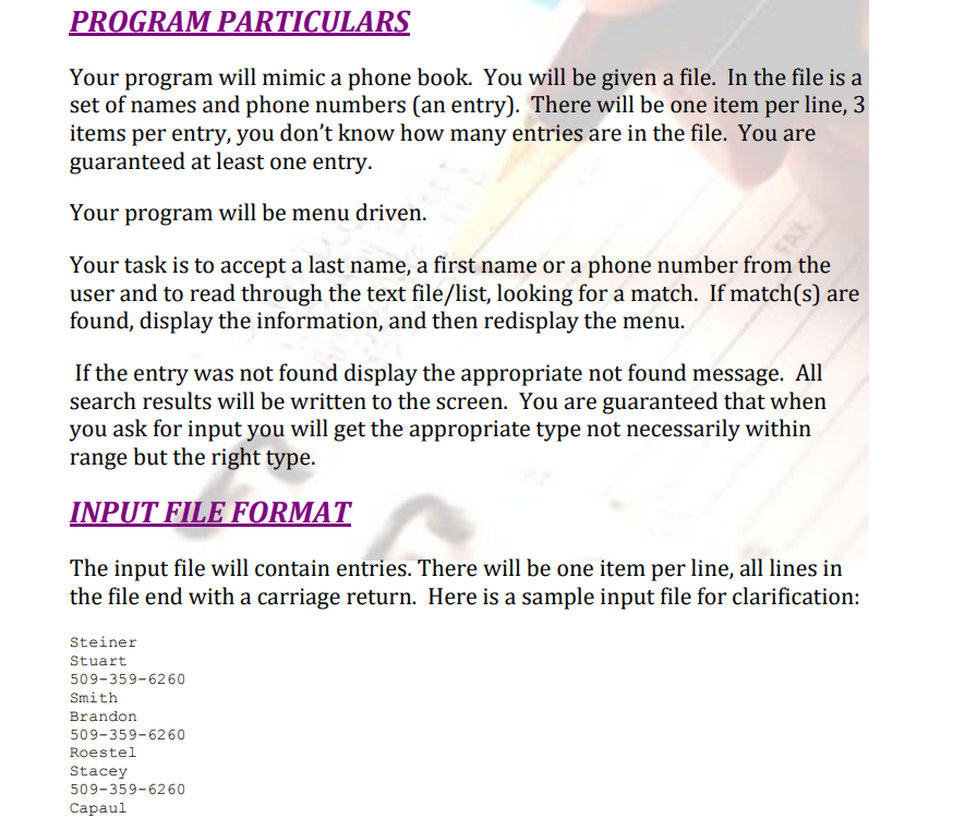 Solved PROGRAM PARTICULARS Your program will mimic a phone | Chegg.com
