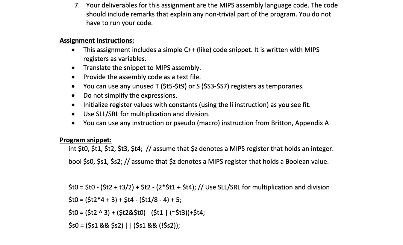 Solved 7 Your Deliverables For This Assignment Are The Mips 