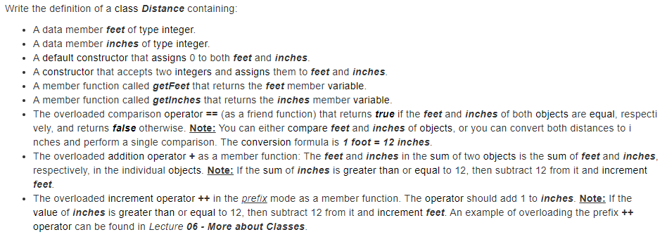 Solved Write the definition of a class Distance containing: | Chegg.com