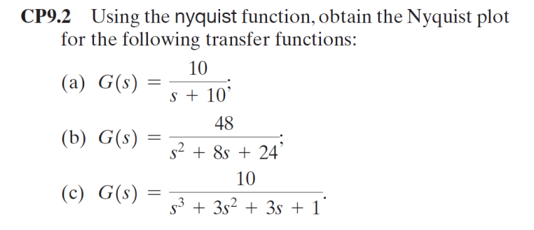 Solved CP9.2 Using the nyquist function, obtain the Nyquist | Chegg.com