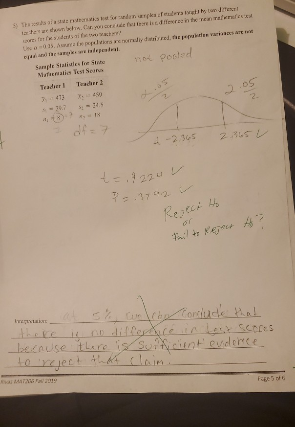 Solved 5) The results of a state mathematics test for random | Chegg.com