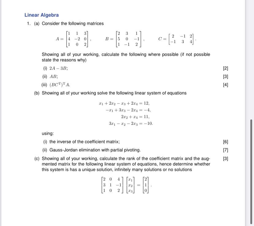 Solved 1 -- --La 到 1 + [2] [3] [4] Linear Algebra 1. (a) | Chegg.com
