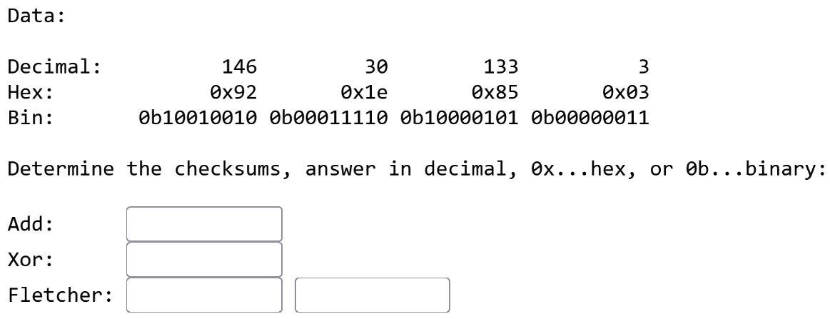 Solved Data: Determine the checksums, answer in decimal, | Chegg.com
