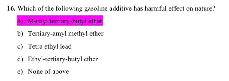 Solved 16. Which of the following gasoline additive has | Chegg.com